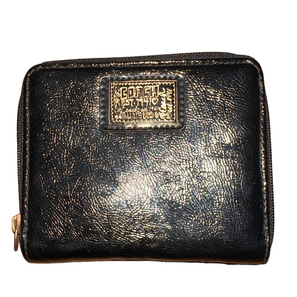 Coach | Bags | Coach Poppy Euc Black Patent Leather Zip Around Bifold ...